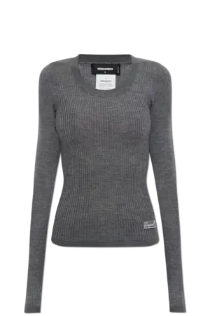 Dsquared2 Ribbed Wool Fitted Crew Neck Long Sleeve Top