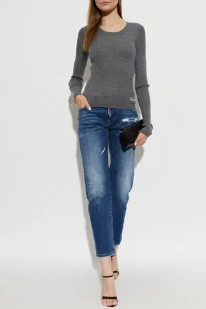 Dsquared2 Ribbed Wool Fitted Crew Neck Long Sleeve Top
