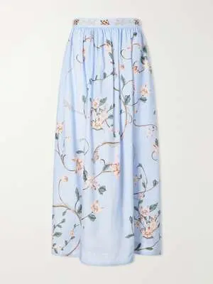 Agua Bendita Tangelo Embroidered Floral-print Linen Maxi Skirt - Blue