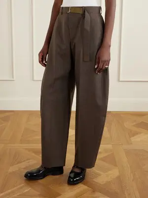 Sacai Belted Pleated Wide-leg Twill Trousers - Brown