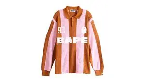 A BATHING APE Sta Stripe Pattern Jacquard Logo Relaxed Fit Long Sleeve Tee Shirt - Beige