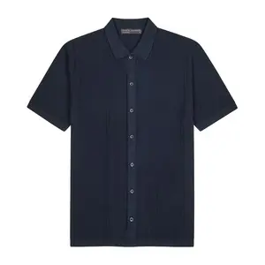 PAUL JAMES KNITWEAR Organic Cotton Dante Linen Patterned Shirt Navy - Blue