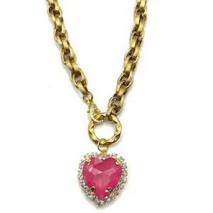 ACHALA HANDCRAFTED Gold Plated Heart Crystal Pendant Necklace - Gold/pink