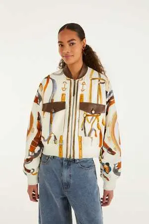 Farm Rio Off-white Equestrian Scarf Pockets Bomber Jacket - Orange