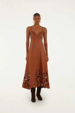 Farm Rio Monstera Cutwork Leather Midi Dress - Brown