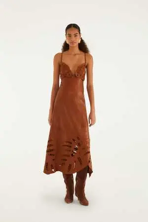 Farm Rio Monstera Cutwork Leather Midi Dress - Brown