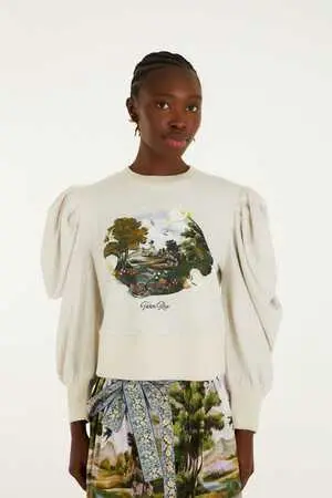 Farm Rio Grey Countryside Landscape Puff Sleeve Sweater - Off-white
