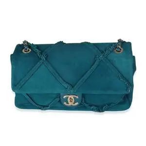 Chanel Teal Suede Goatskin Diamond Fringe Flap Bag - Blue