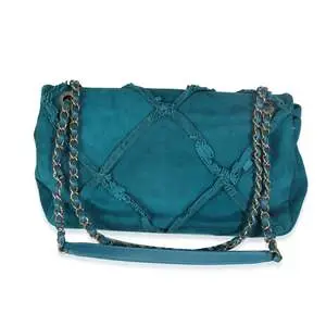 Chanel Teal Suede Goatskin Diamond Fringe Flap Bag