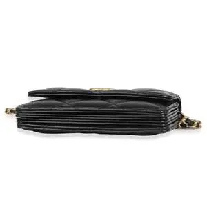 Chanel Quilted Lambskin Ruffled Card Holder On Chain - Black