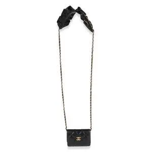 Chanel Quilted Lambskin Ruffled Card Holder On Chain - Black