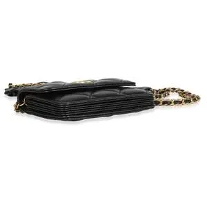 Chanel Quilted Lambskin Ruffled Card Holder On Chain - Black