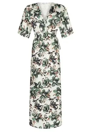CHIC BY LIRETTE Kimono Maxi Dress With Tropical Print And Drawstring Waist - Beige