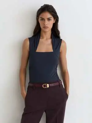 REISS Harri Square-neck Ruched Sleeveless Top - Navy