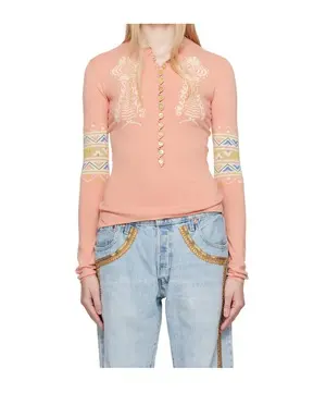 CONNER IVES Ribbed Knit Henley Sweater - Pink