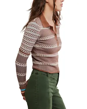 Free People Long Sleeve Collared Printed Top