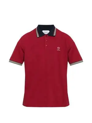 Versace Style Embroidered Medusa Logo Greek Motif Shirt-collar Polo With Three-button Placket - Rosso