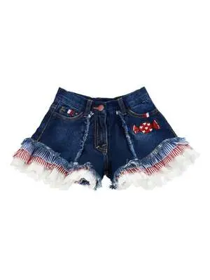 Monnalisa Denim Shorts With Fringed Trim And Applique