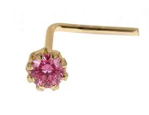 Zahav Jewelry 14k Solid Gold 24g 1.5mm Cz L-shape Nose Stud - Pink