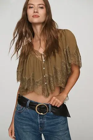 LYREBIRD Chiffon Lace Trim Cropped Top - Olive