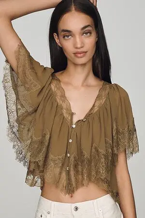 LYREBIRD Chiffon Lace Trim Cropped Top - Olive