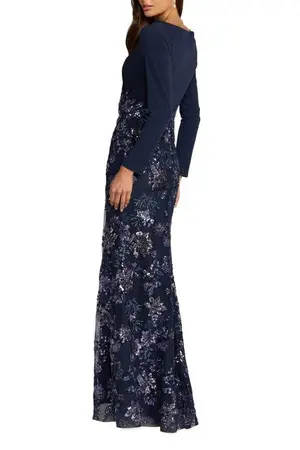 Mac Duggal Floral Embroidered Jersey Long Sleeve Gown