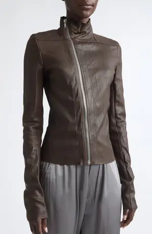 Rick Owens Grained Lambskin Asymmetrical Moto Jacket - Grease