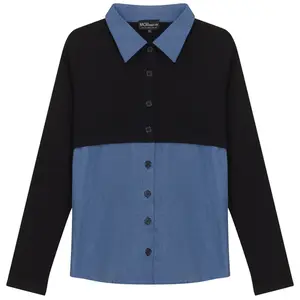 Mcm Maternity Contrast Collar Denim Paneled Blouse - Black/chambray
