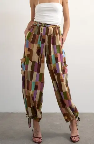 Topshop Abstract Print Linen Blend Cargo Pants