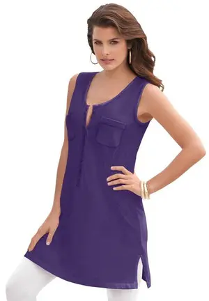 Roaman's Plus Size Ultimate Henley Tunic Tank Midnight Violet