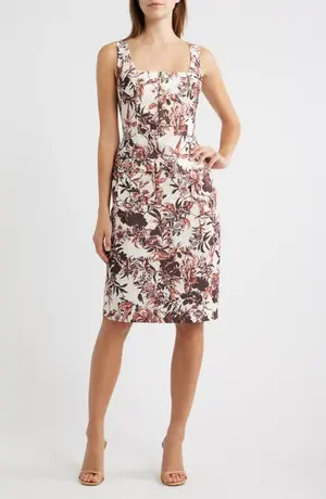 Eliza J Floral Print Sheath Dress - Coffee Eggshell