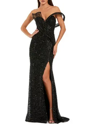 Mac Duggal Petite Sequin Gown With Sculptural Off-shoulder Detail - Black