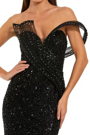 Mac Duggal Petite Sequin Gown With Sculptural Off-shoulder Detail