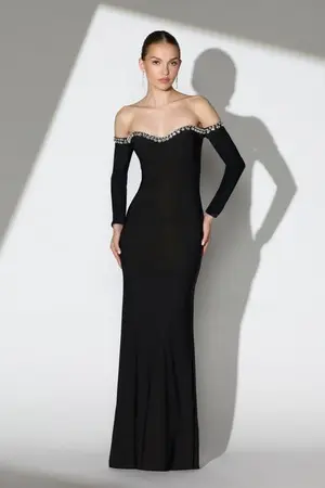 Mac Duggal Long Sleeve Off The Shoulder Mermaid Gown With Embellished Trim