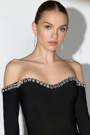 Mac Duggal Long Sleeve Off The Shoulder Mermaid Gown With Embellished Trim
