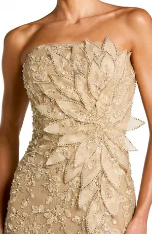 Mac Duggal Petite Strapless Embellished Lace Gown With 3d Flower Detail
