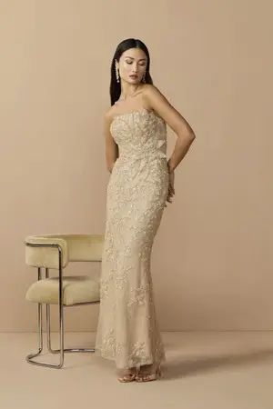 Mac Duggal Petite Strapless Embellished Lace Gown With 3d Flower Detail