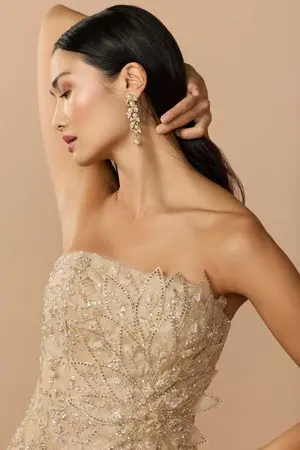 Mac Duggal Petite Strapless Embellished Lace Gown With 3d Flower Detail