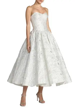 Mac Duggal Strapless Jacquard Tea Length Ball Gown