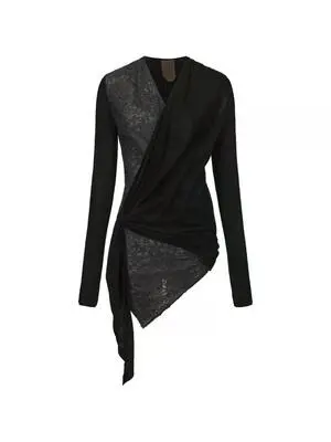 ELYWOOD Wrap-style Asymmetric-hem Long-sleeved Blouse - Black