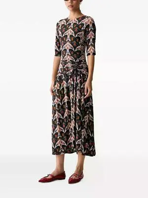 Farm Rio Graphic-print Gathered Midi Dress - Black