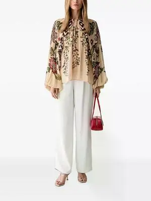 Farm Rio Floral-print Ruffled Blouse - Neutrals