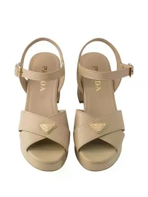 Prada Nappa Leather Platform Sandals With Logo Buckle - Neutrals