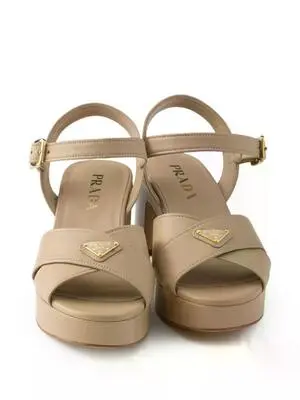 Prada Nappa Leather Platform Sandals With Logo Buckle - Neutrals