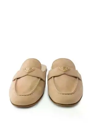 Prada Nubuck Leather Mules With Enamelled Triangle Logo - Neutrals