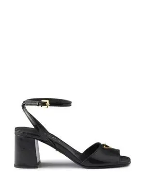 Prada Leather Heeled Sandals With Ankle Strap And Triangle Logo
