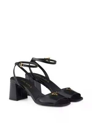 Prada Leather Heeled Sandals With Ankle Strap And Triangle Logo