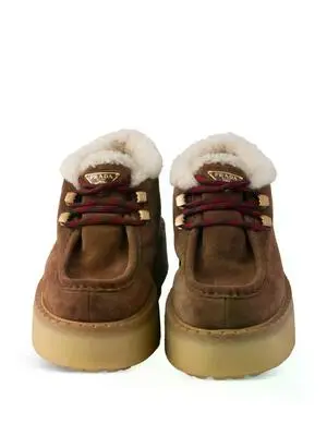 Prada Shearling Lined Suede Lace-up Flatform Boots