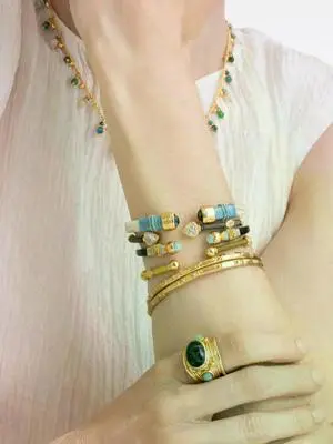 Gas Bijoux Tone Wrapped Thread Detail Cabochon Embellishment Sun Motif Open Cuff Bracelet