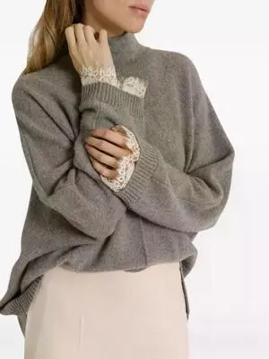Alberta Ferretti Lace-trimmed High-neck Sweater